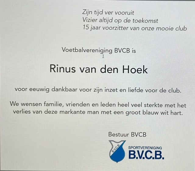 Oud voorzitter Rinus van den Hoek overleden | BVCB